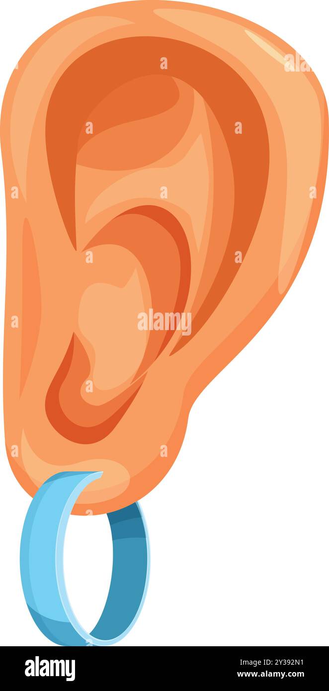 Cartoon illustration of a human ear with a piercing wearing a blue ...