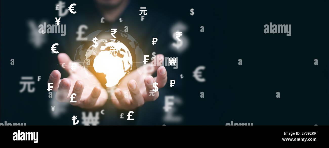 Global currency exchange and money transfer concept. Hand holding a ...