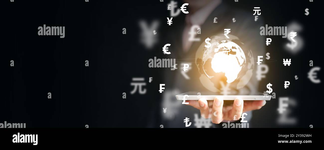 Global currency exchange and money transfer concept. Hand holding a ...