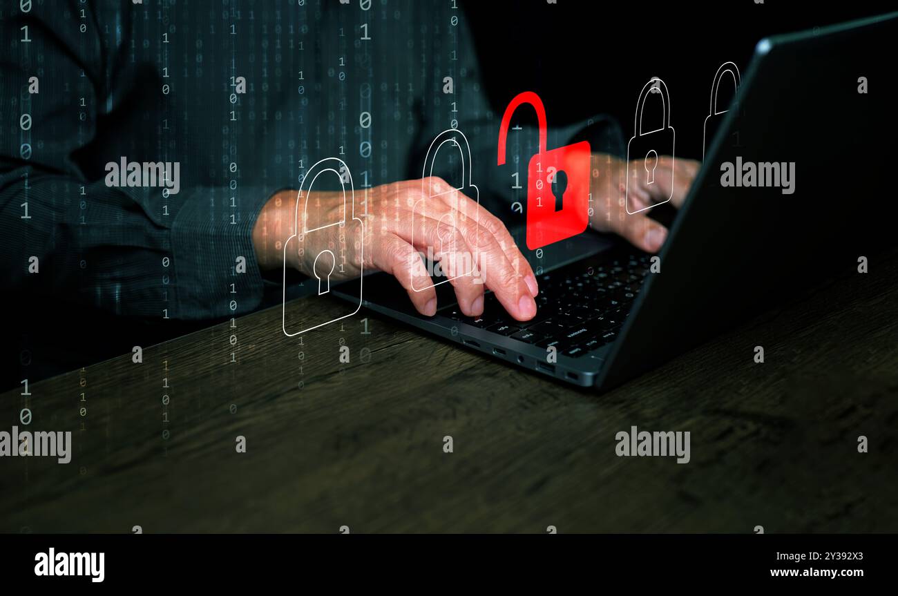 Cybersecurity and safety concept. A padlock is unlocked or hacked on ...