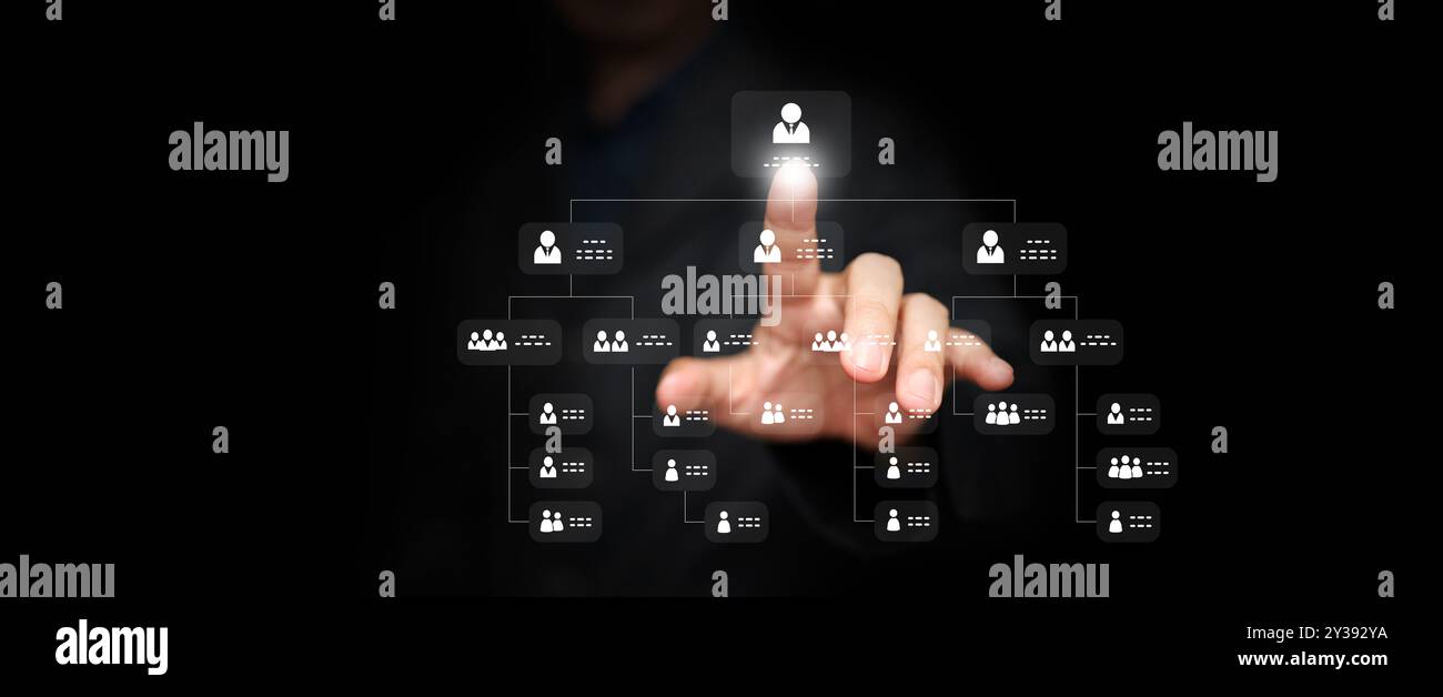 Hierarchy structure concept. Businessman tapping at organization chart ...