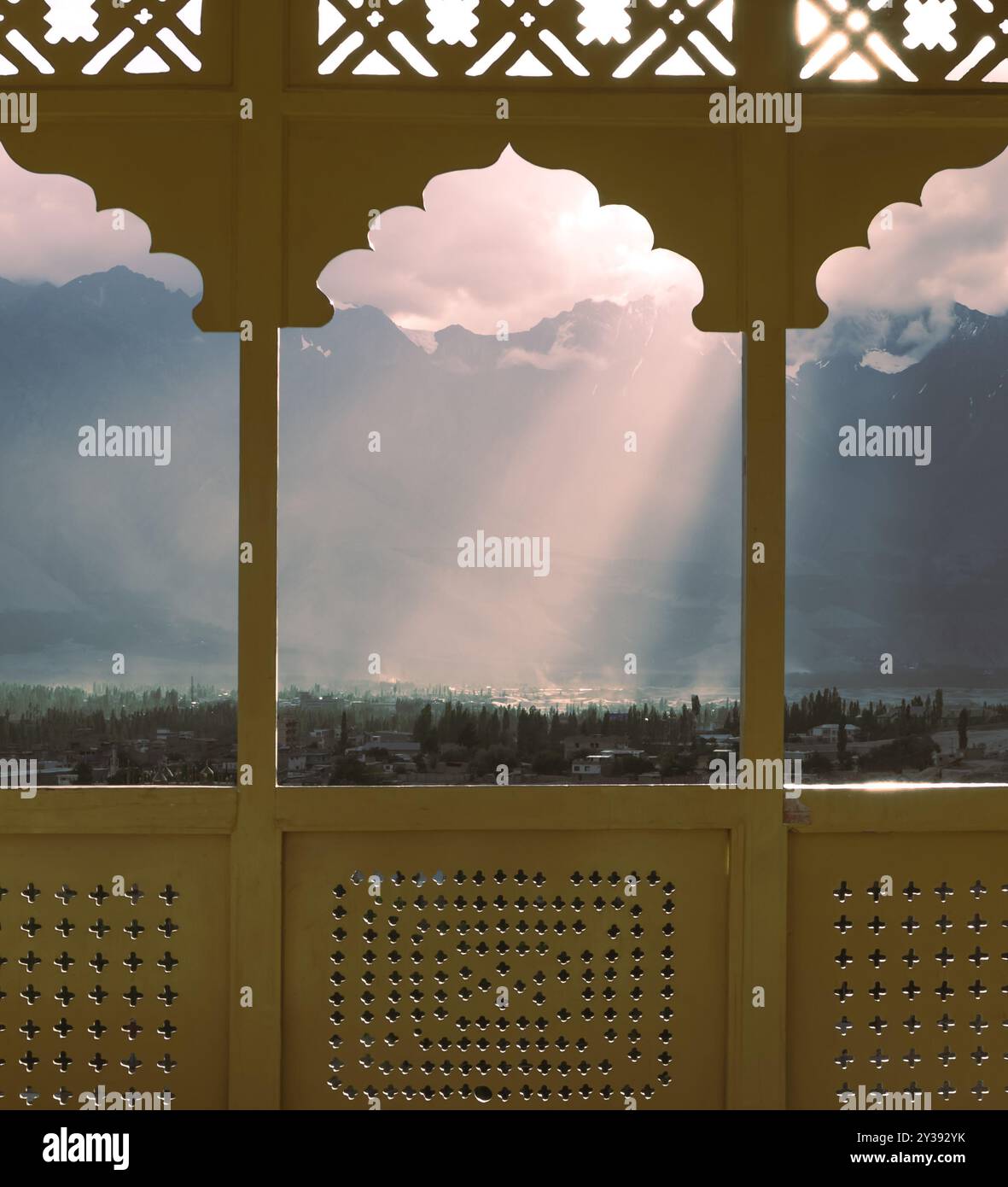 Typical Arabic balcony with views of the mountains in Skardu Stock ...