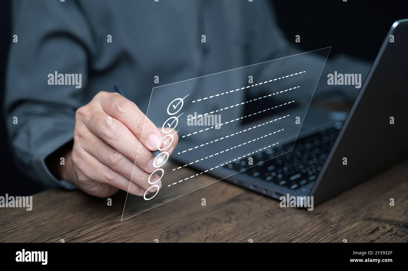 Questionnaire, survey, or evaluation with checkboxes. A man with his ...