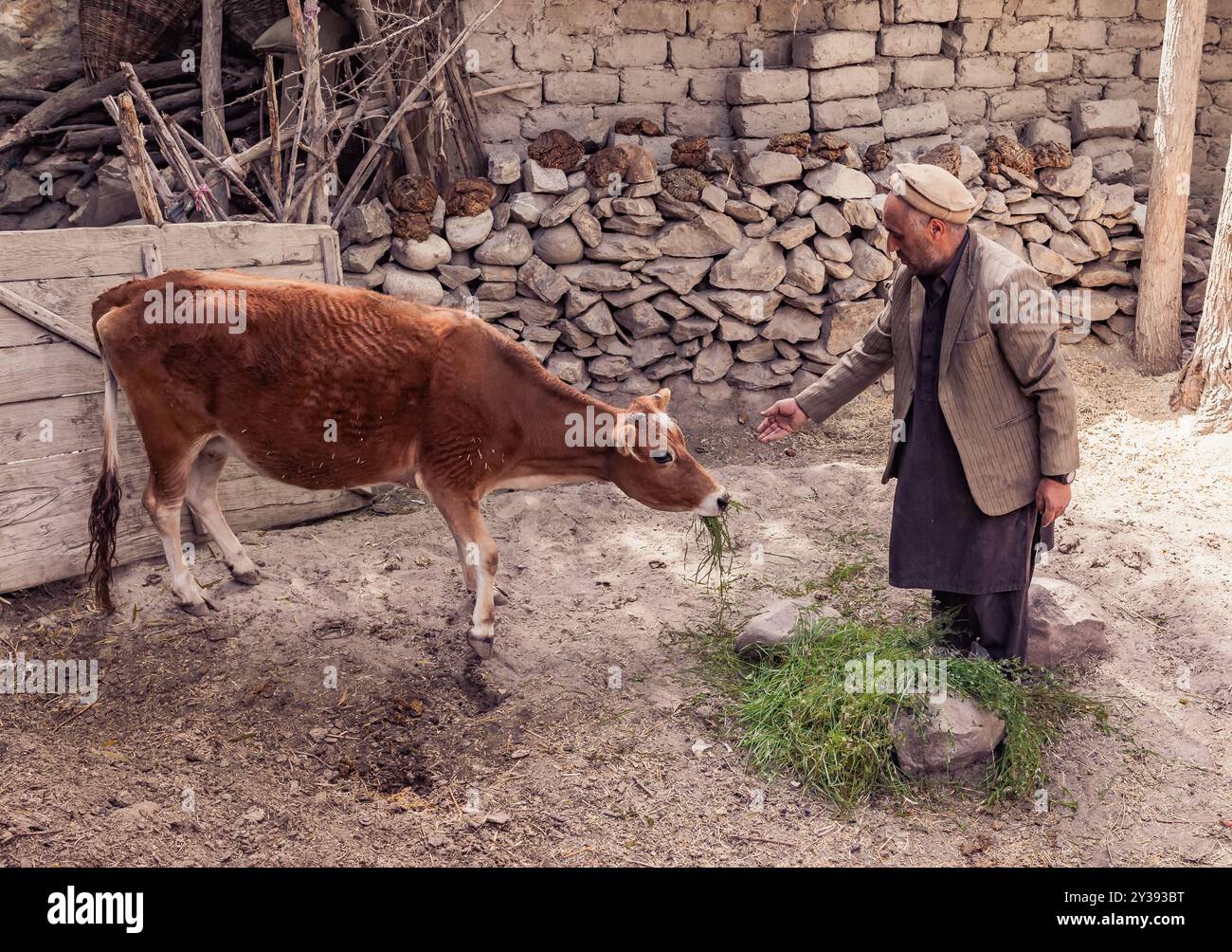 Farmer with a traditional Pakistani cap dressed in a djellaba and a ...