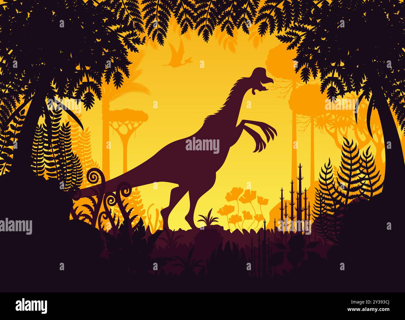 Prehistoric dinosaur silhouette in tropical forest. Vector scene with a ...