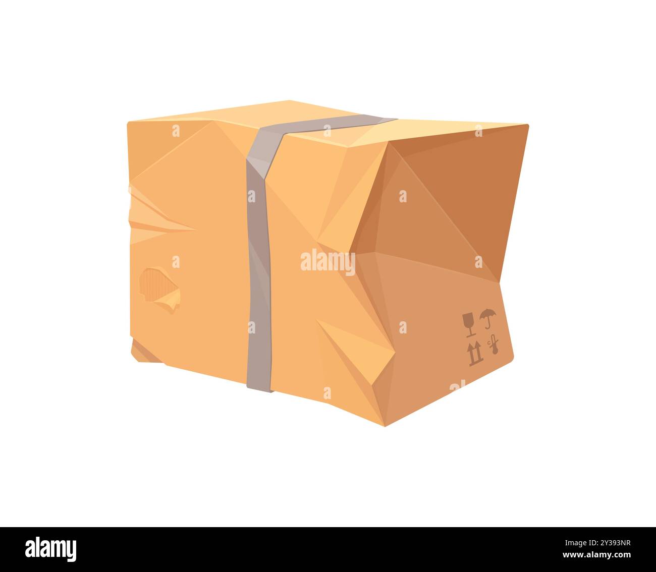 Damaged crumpled cardboard delivery box. Broken and ripped cargo parcel ...