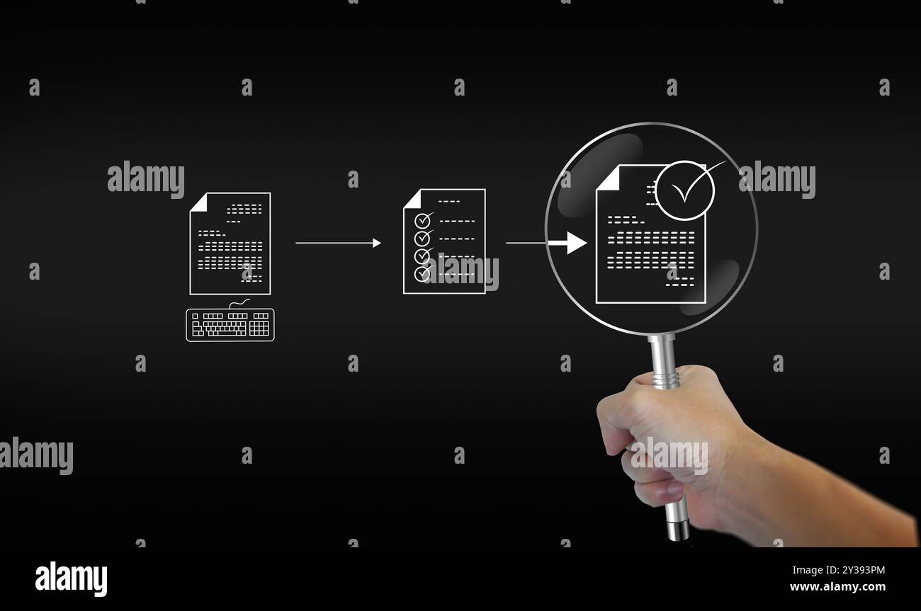 Business project approval concept. Hand with a magnifying glass check ...