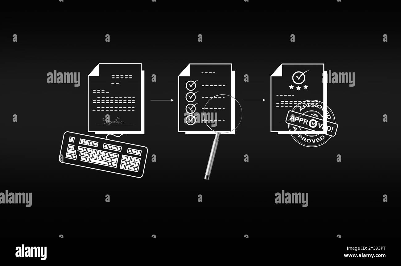Business project approval concept. Illustration of documents, keyboard ...