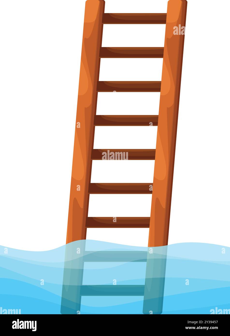 Wooden ladder partially submerged in blue water, representing concepts ...