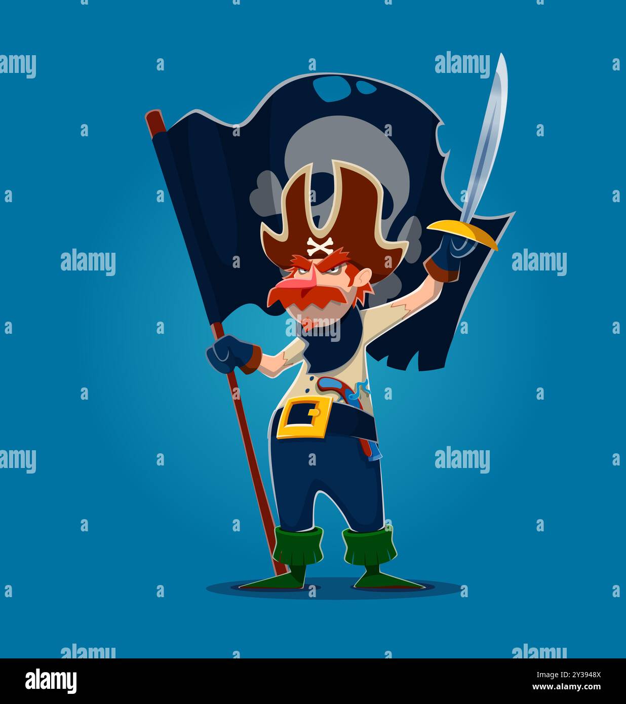 Cartoon pirate captain character with black flag with a skull emblem ...