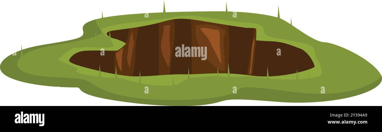 Cartoon ground hole covered with green grass, isolated on white ...