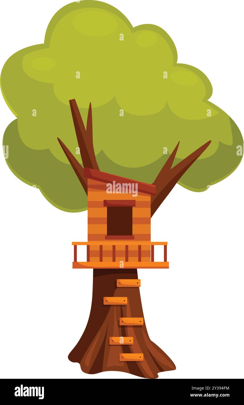 Cartoon tree house with stairs and balcony on a big green tree isolated ...