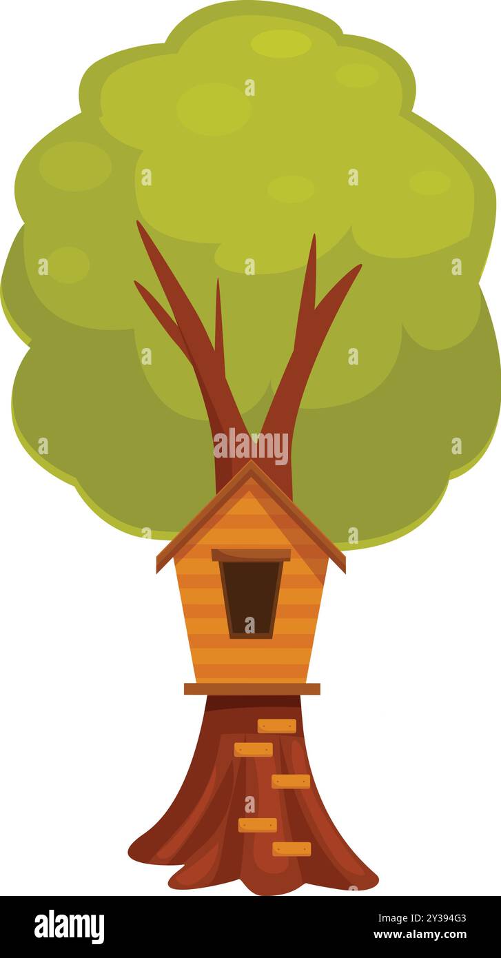 Cartoon treehouse nestled in the branches of a large green tree ...