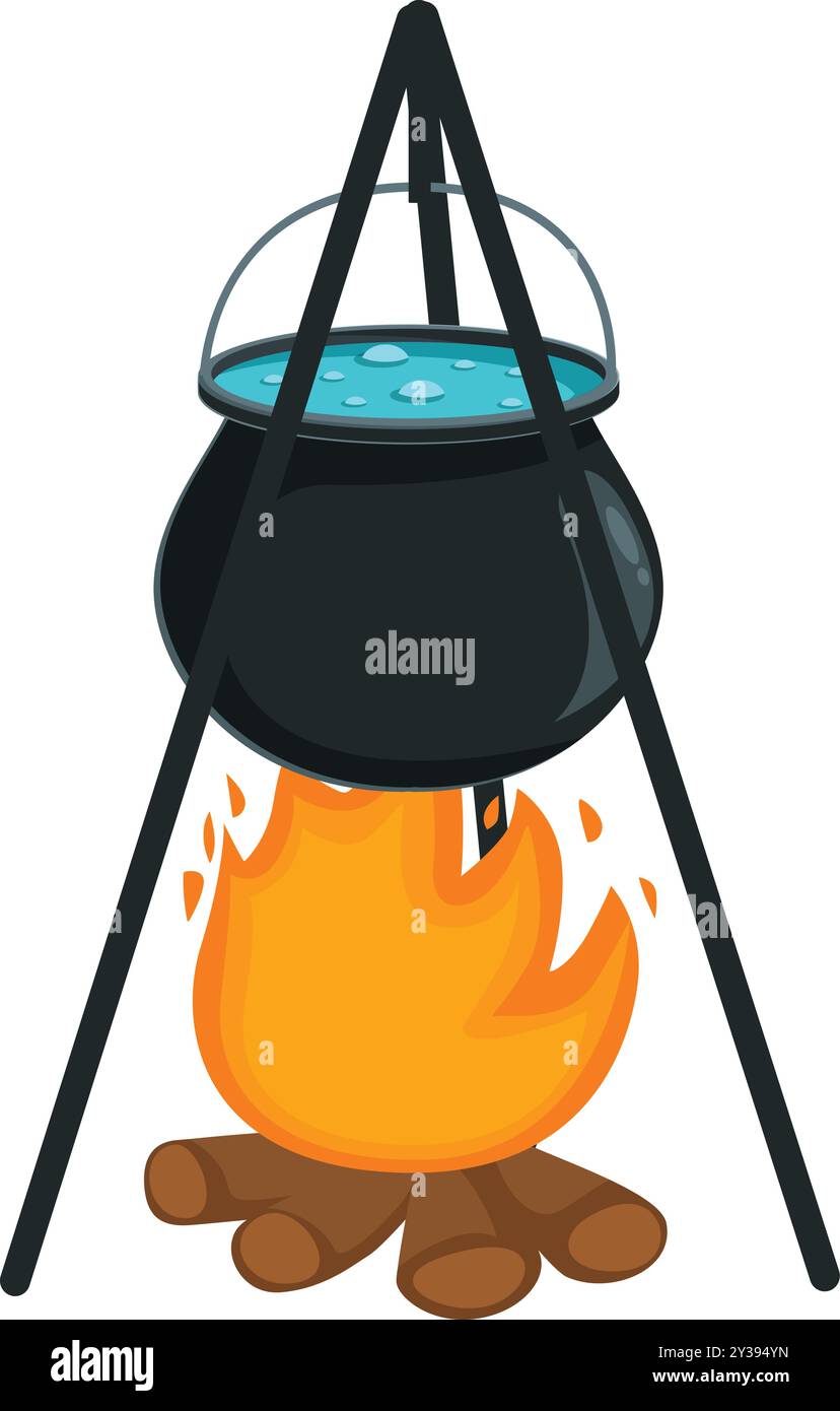 Black cauldron hanging over campfire cooking a magic potion Stock ...