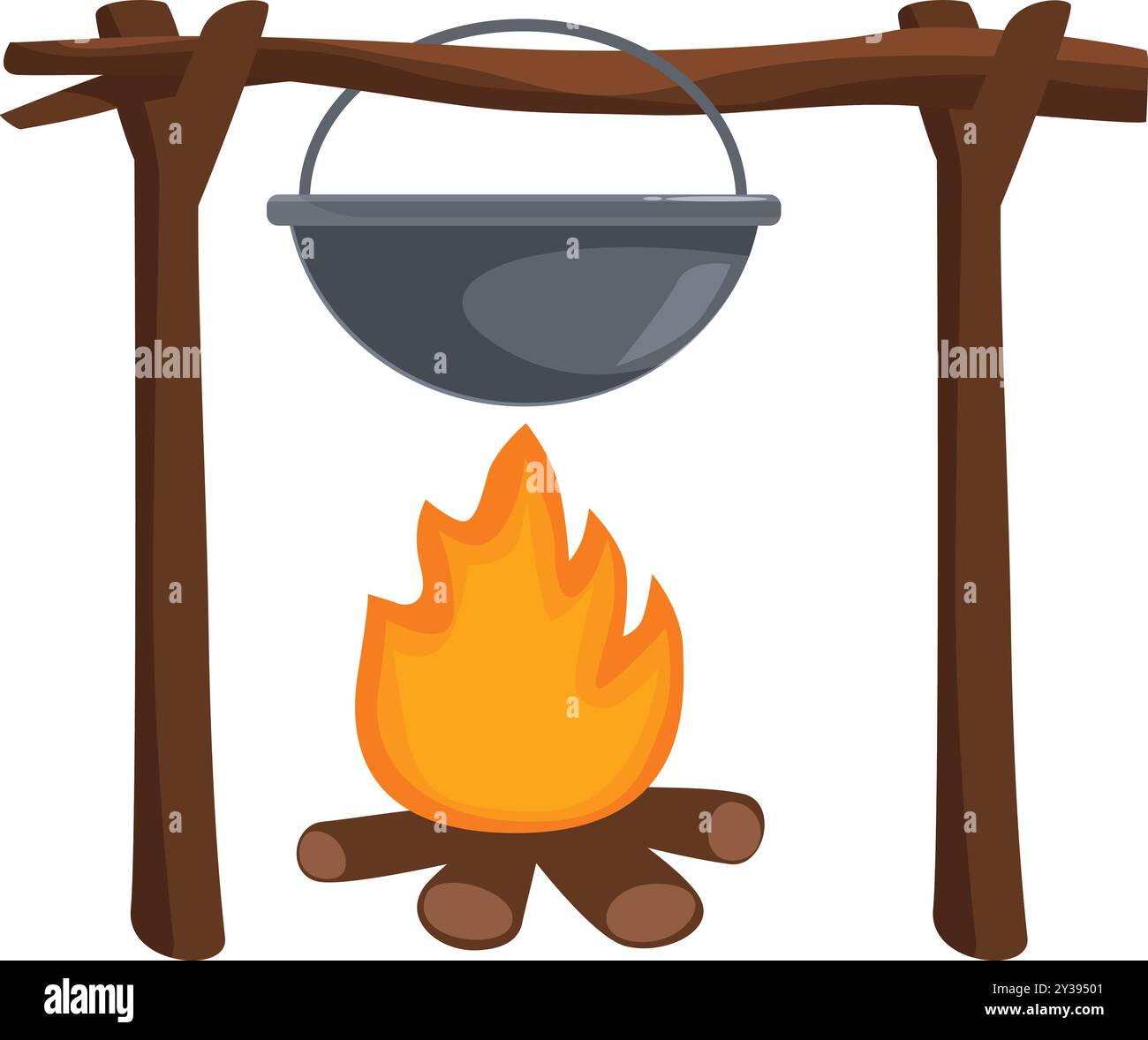 Metal cooking pot is hanging over a burning campfire on a wood branch ...