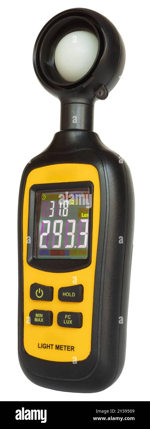 Black and yellow modern light meter isolated in a studio shot with ...