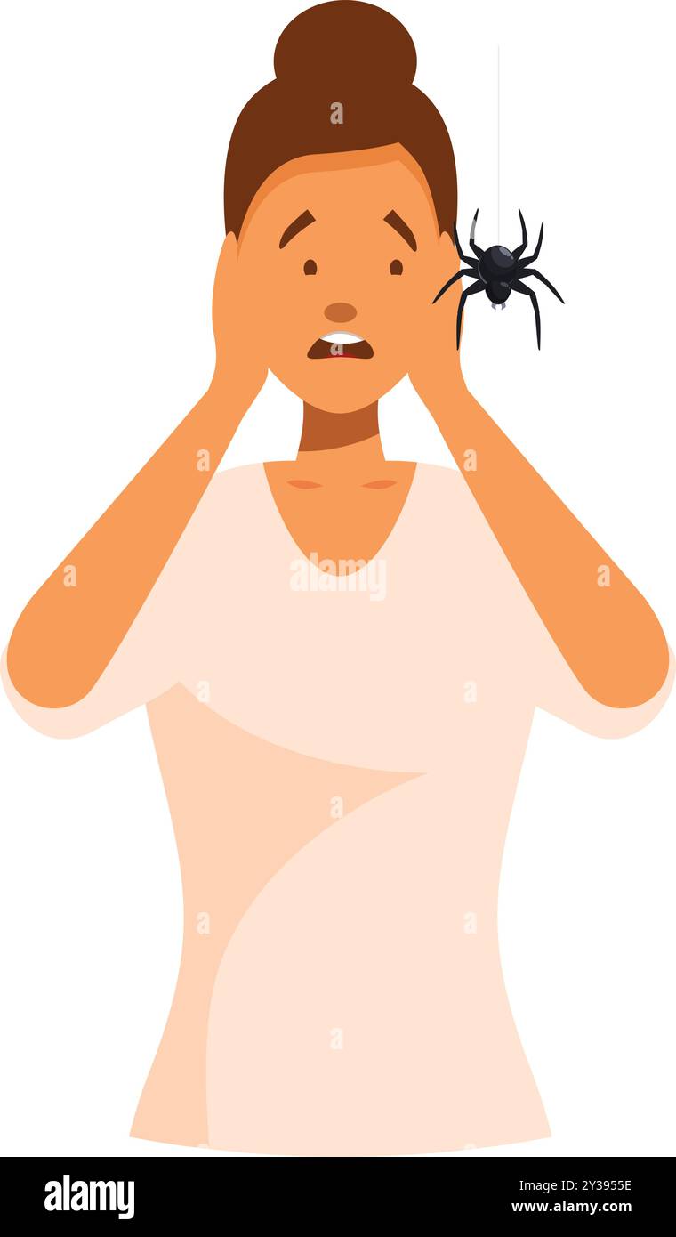 Terrified young woman is covering her ears, scared of the spider ...