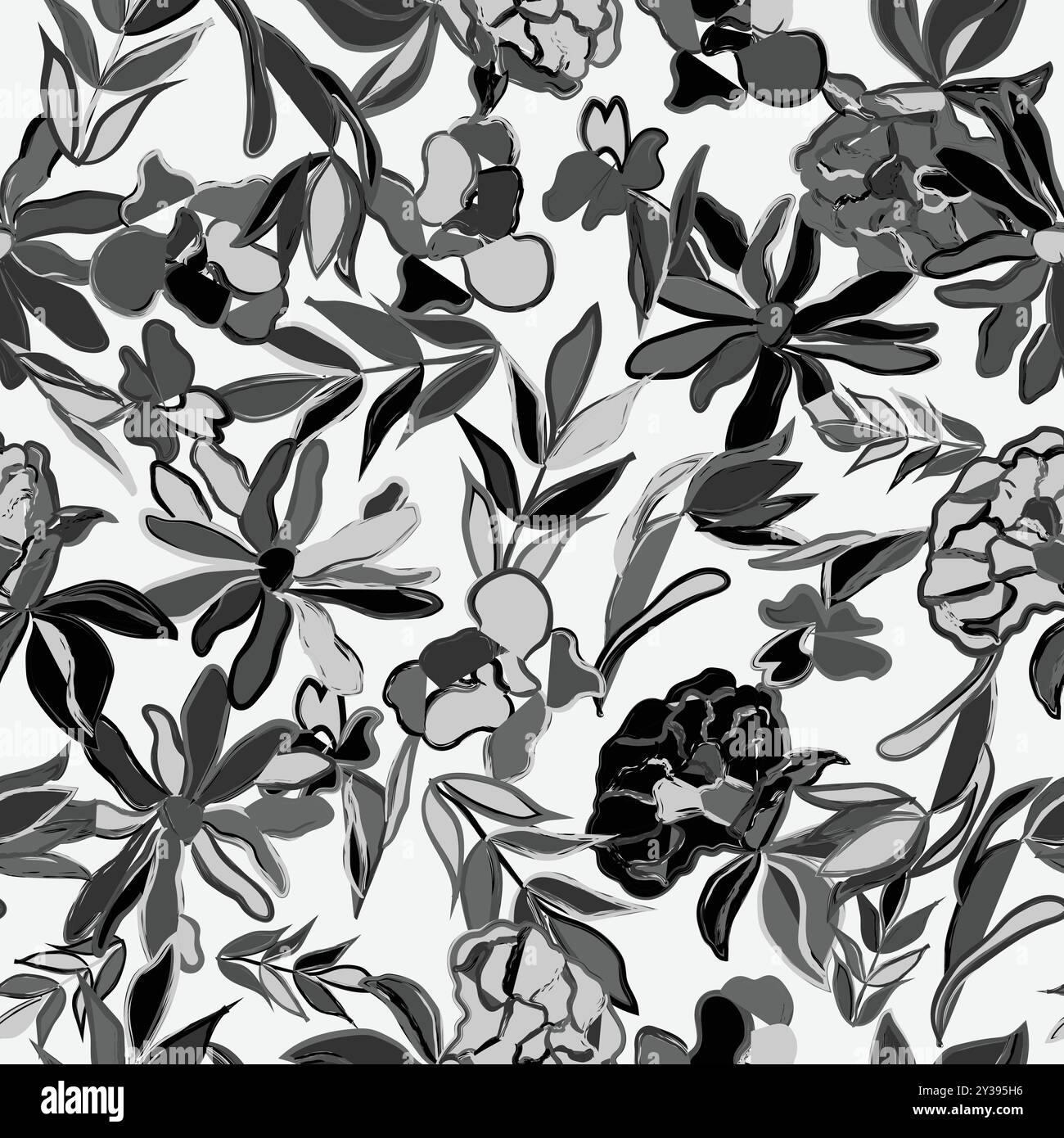 Monochrome black and white brush strokes inky flowers seamless pattern ...