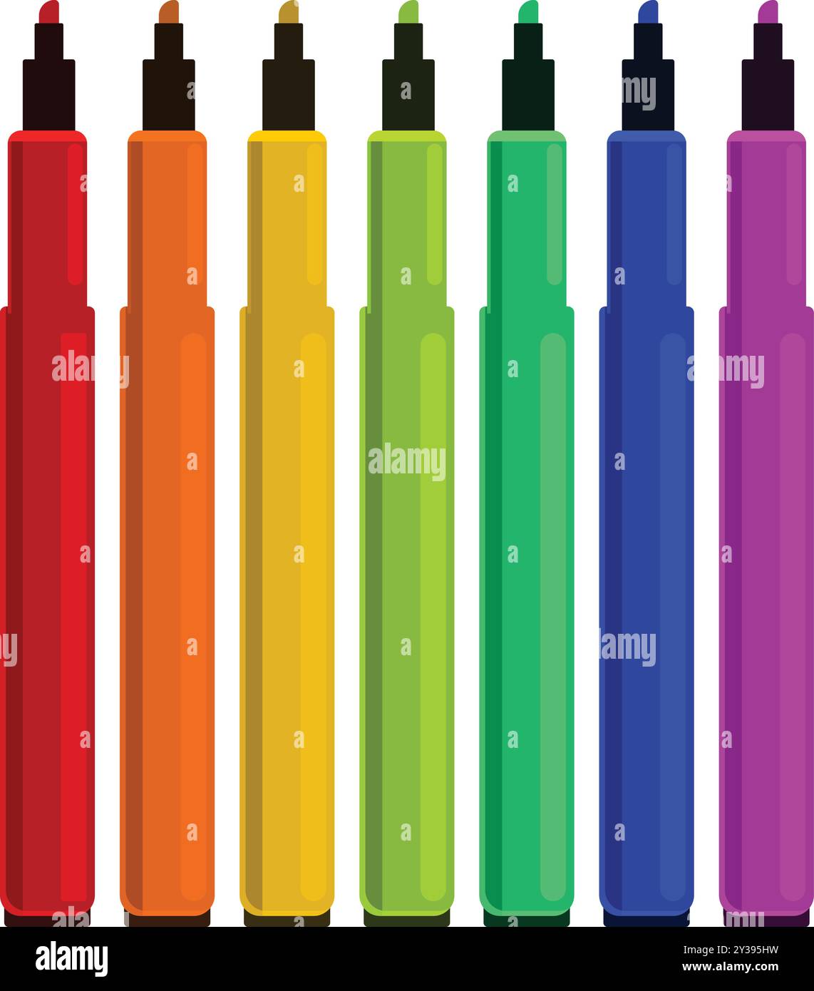 Set of six colorful highlighter pens with their caps on standing up in ...