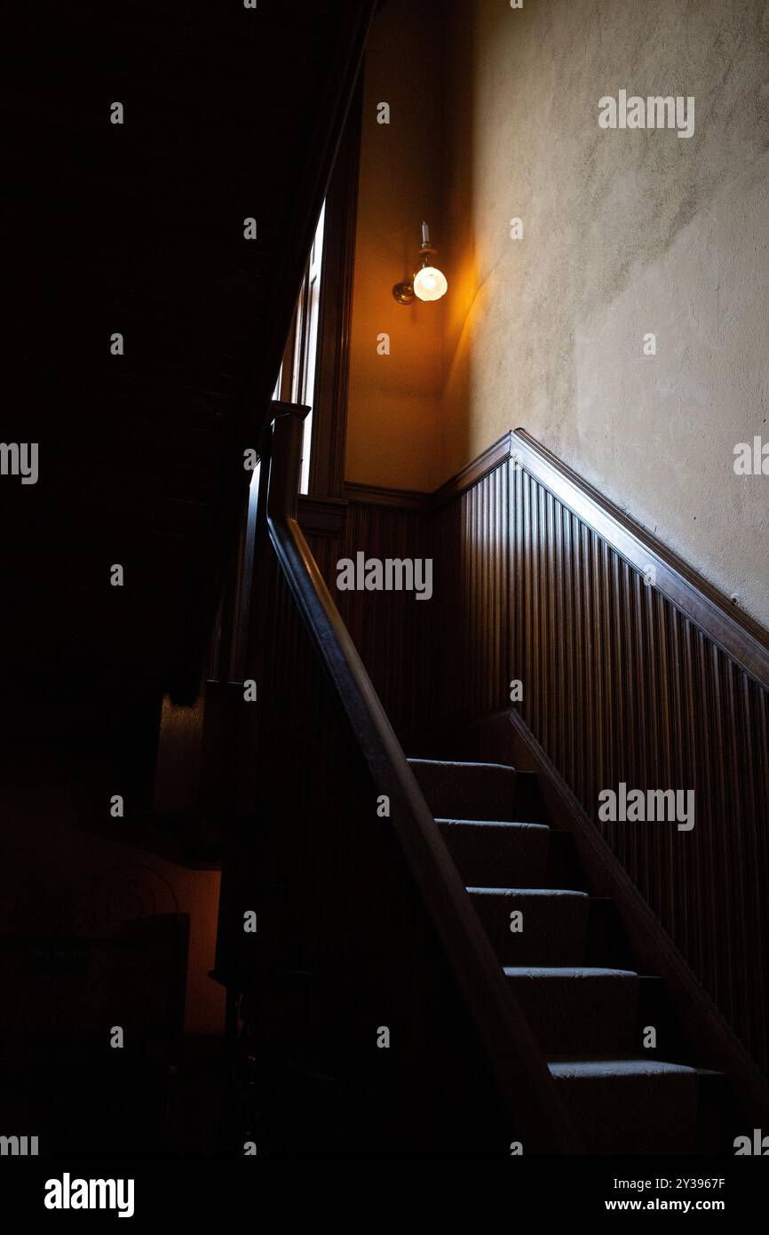 Dark and Moody Staircase with muted lighting in historic housing Stock ...