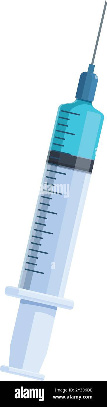 Medical syringe is depicted with a blue liquid inside, suggesting its ...
