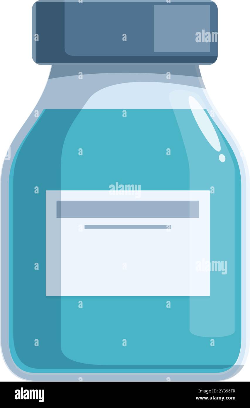 Cartoon medical glass jar containing blue sterile solution used in ...