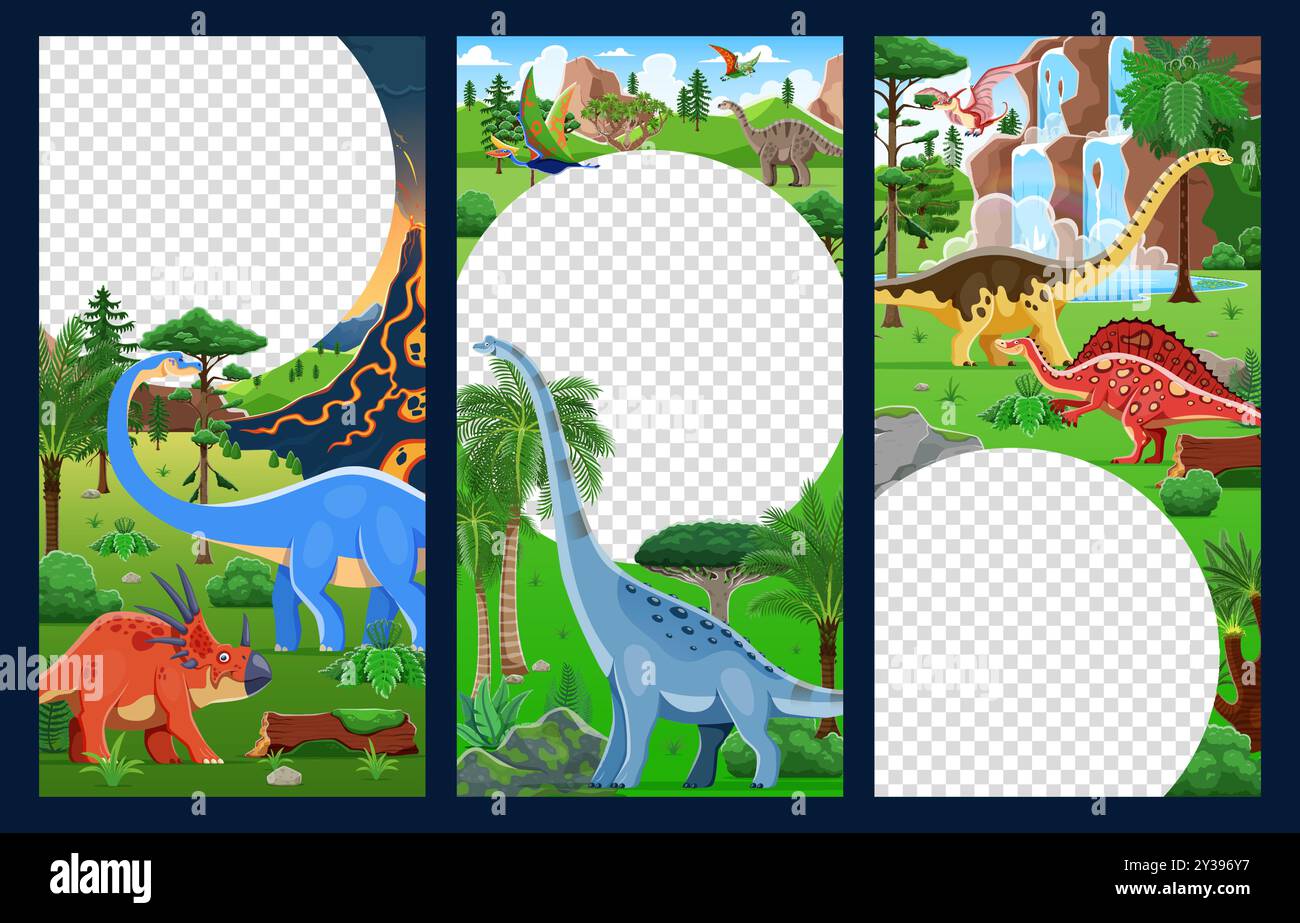 Prehistoric dinosaurs, flyer templates with cartoon dino in Jurassic ...