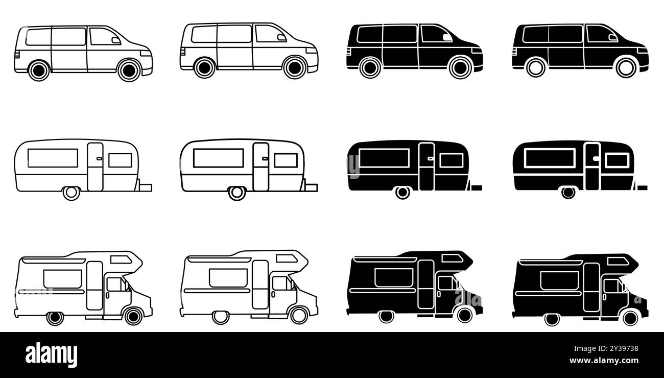 Set of Campervans, Caravans and Motor Homes in Black and white, white ...