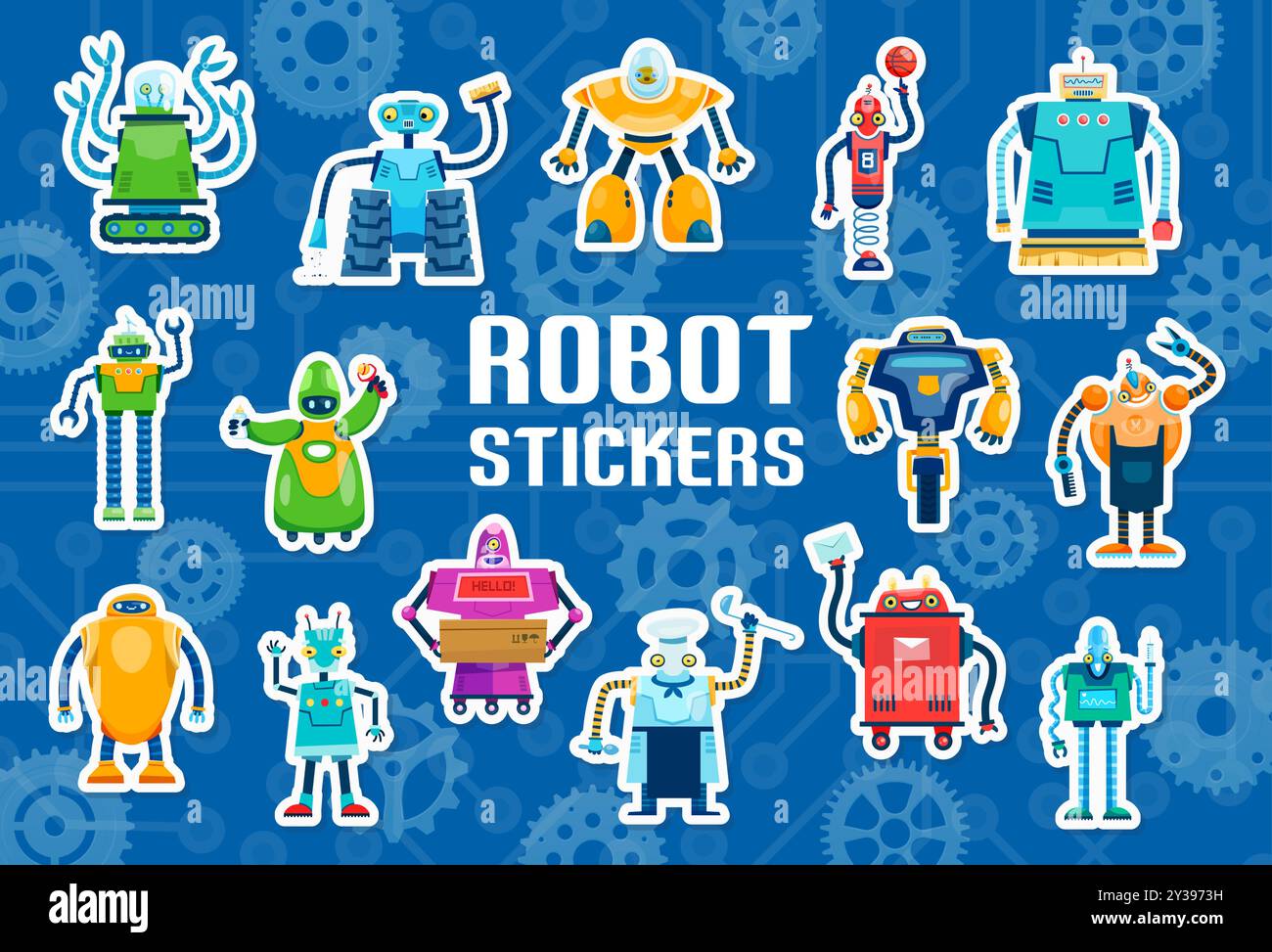 Cartoon robot characters stickers pack. Vibrant vector patches ...