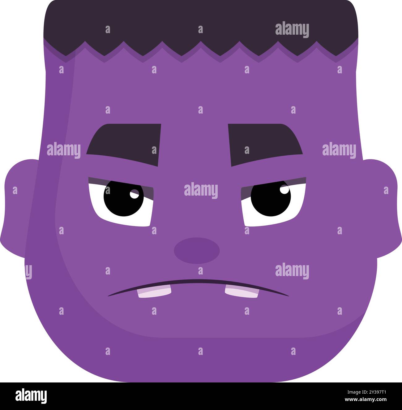Cartoon illustration of a purple monster face is showing a grumpy ...