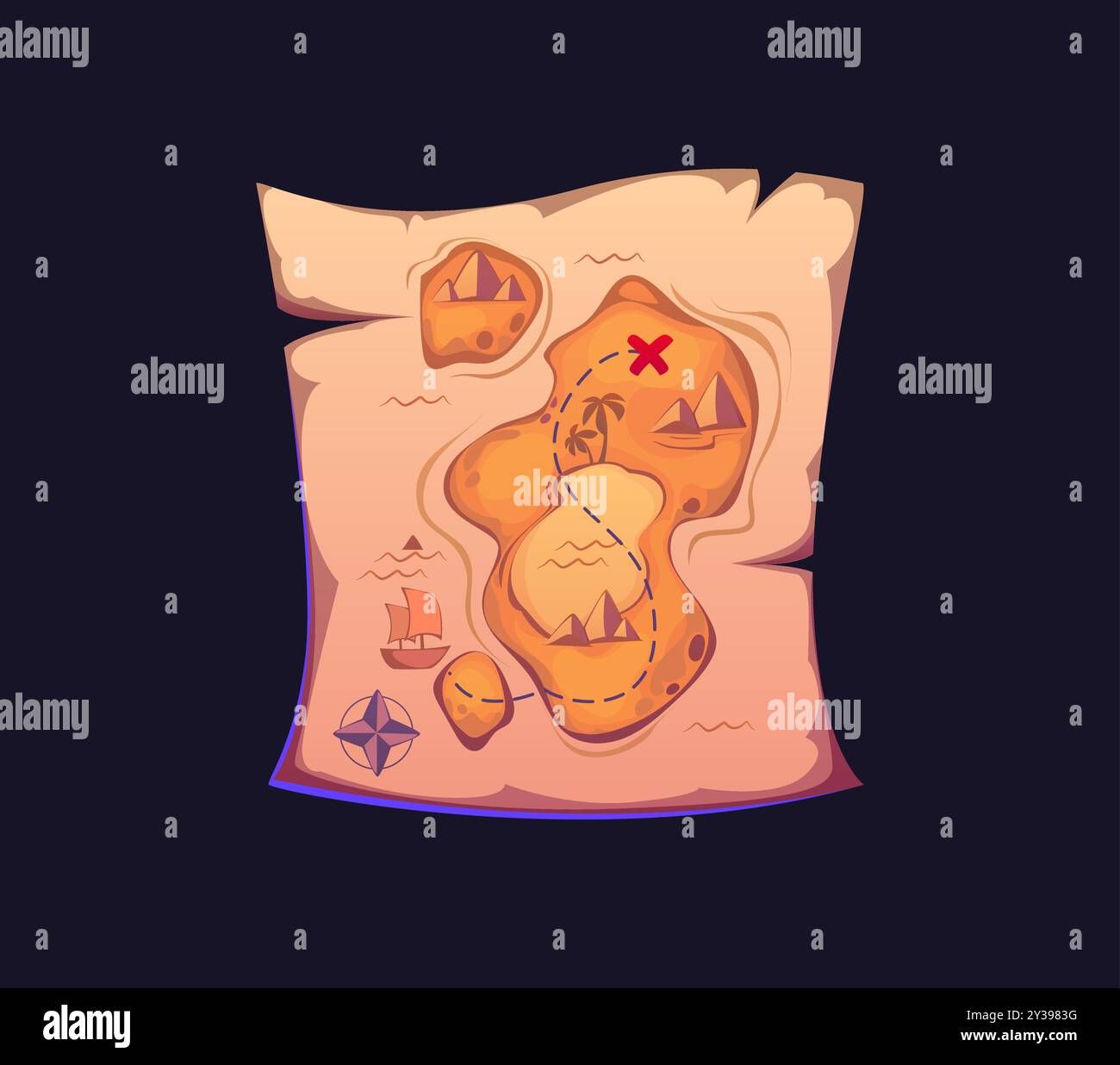 Cartoon pirate treasures map. Vector worn fantasy vintage parchment ...