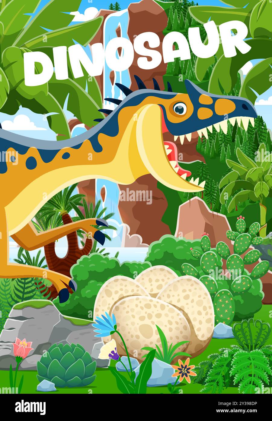 Dinosaur mother with dino eggs in jungle forest, cartoon prehistoric ...