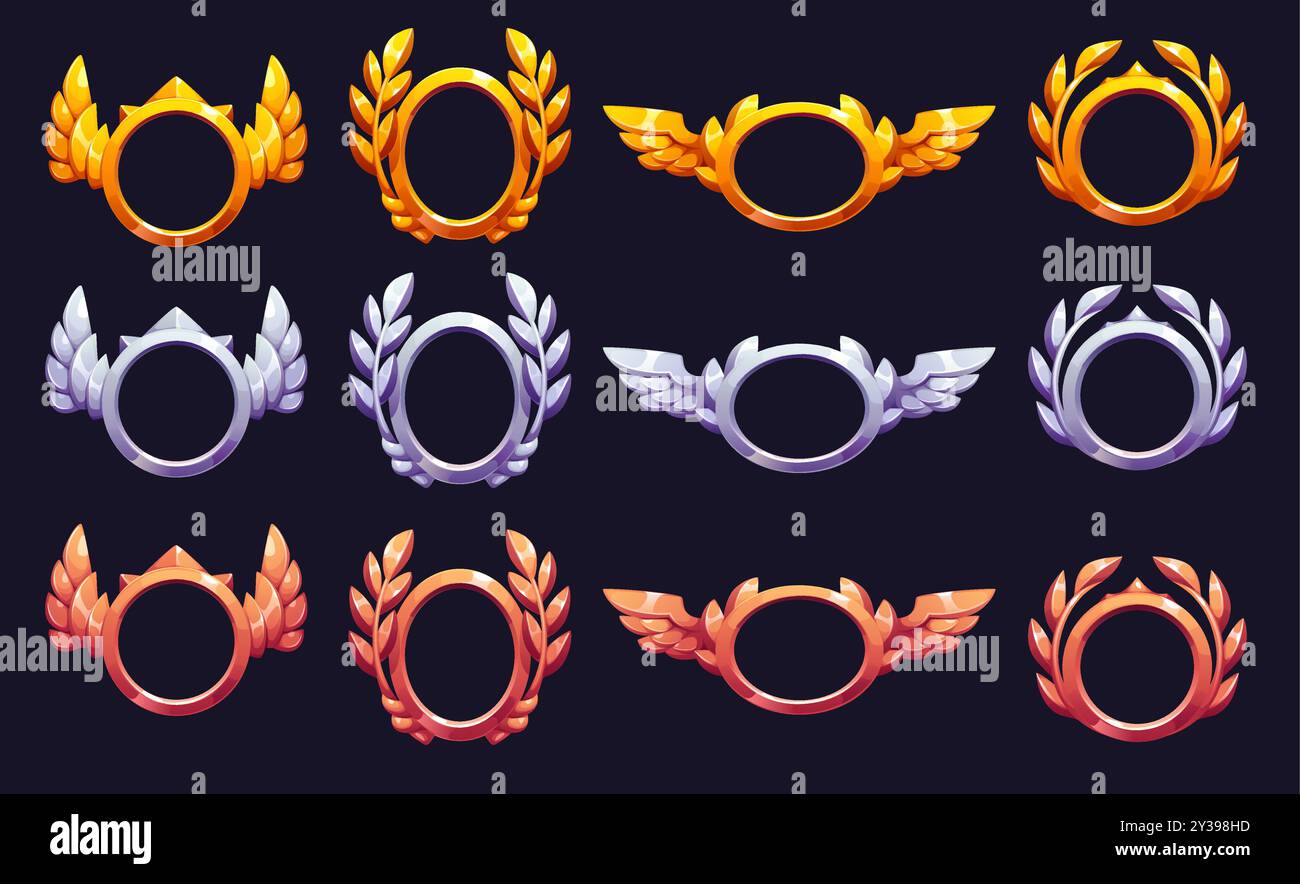 Game rank frame, heraldic avatar badge. Vector bronze, silver and gold ...