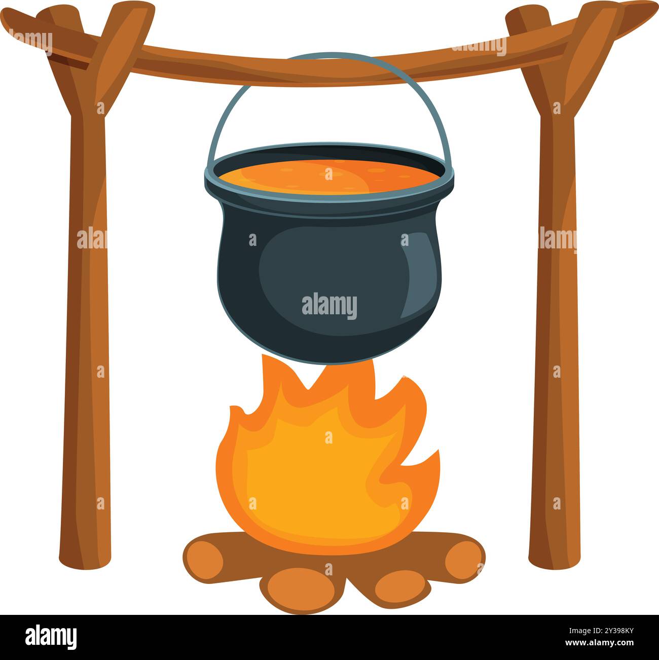 Cartoon illustration of a black cauldron hanging over a burning ...