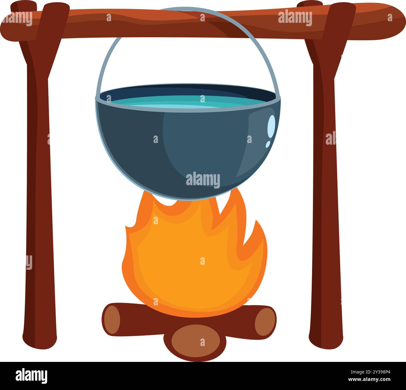 Cartoon icon of a boiling water in metal pot over burning campfire for ...