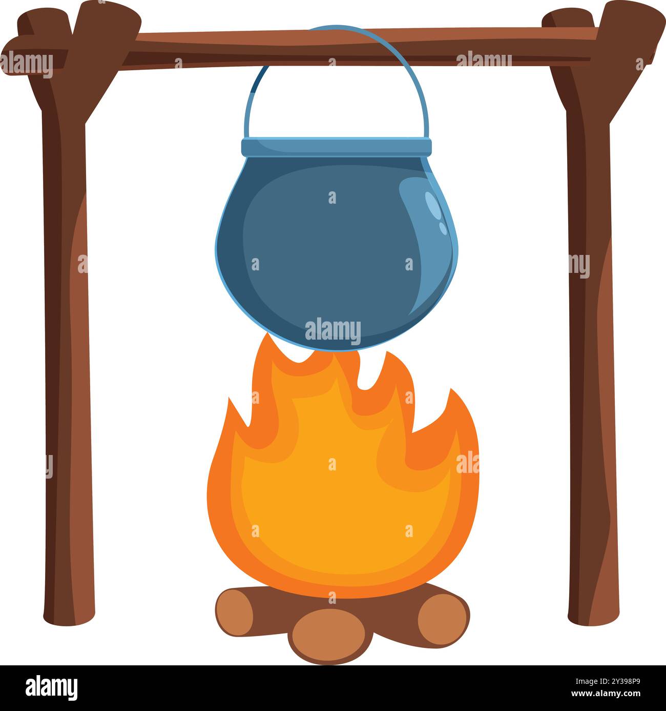 Cartoon style cooking pot is hanging over a bright orange campfire ...