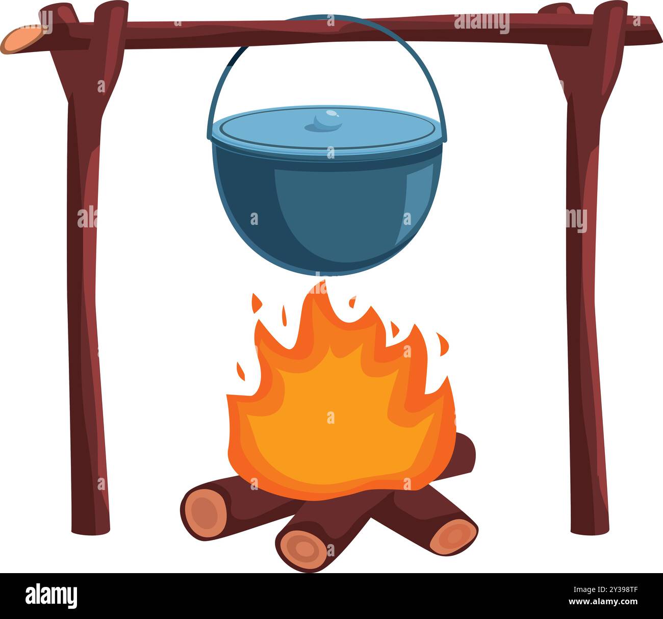Cartoon cooking pot hanging over burning campfire on tripod made of ...