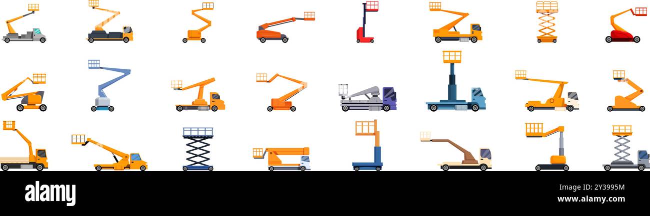 Lift platform basket icons set. Set of colorful isolated icons of ...