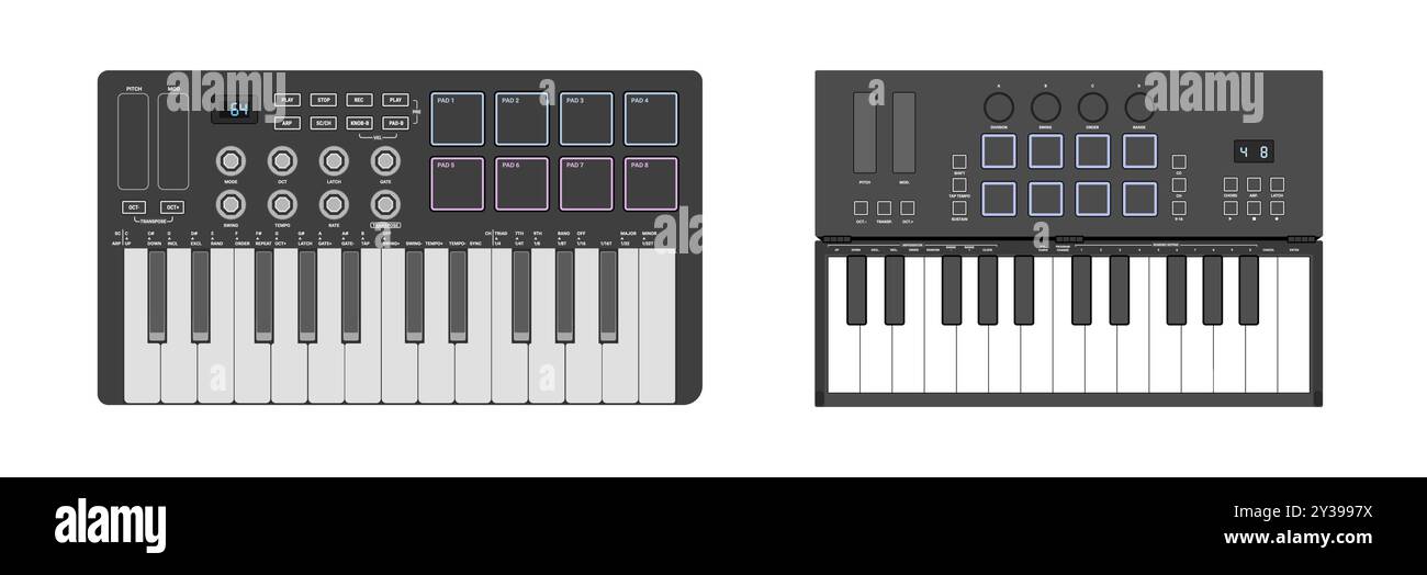 Realistic synthesizers, midi controller. Two octaves, keys, pads and ...