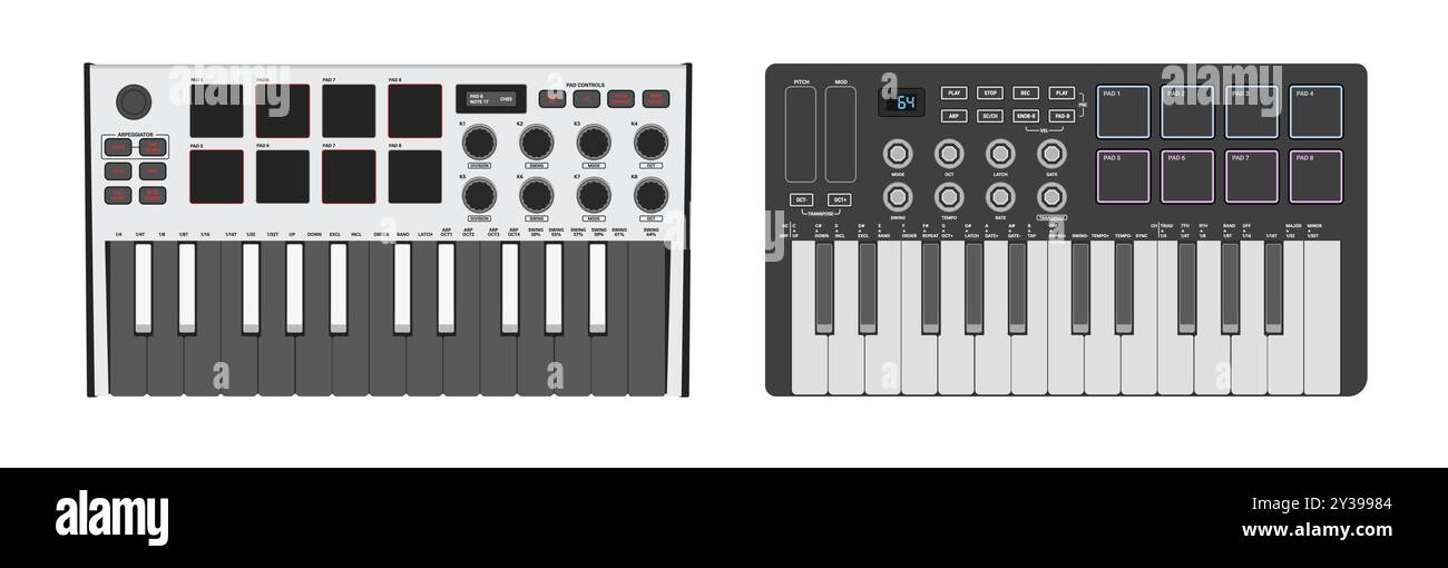 Digital music instrument. Realistic synthesizer, midi controller. Two octaves of keys, pads and ...
