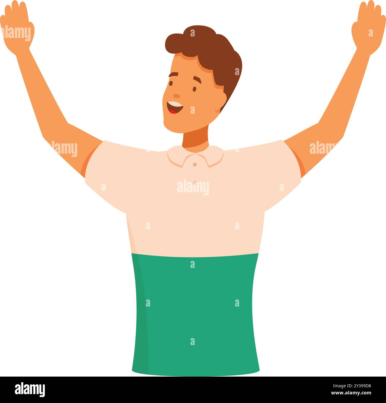 Cartoon illustration featuring a young man raising his arms in the air ...