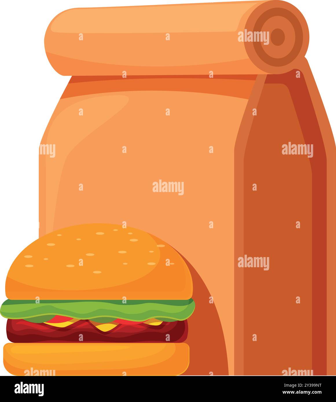 Cartoon vector illustration of a burger standing near a brown paper ...