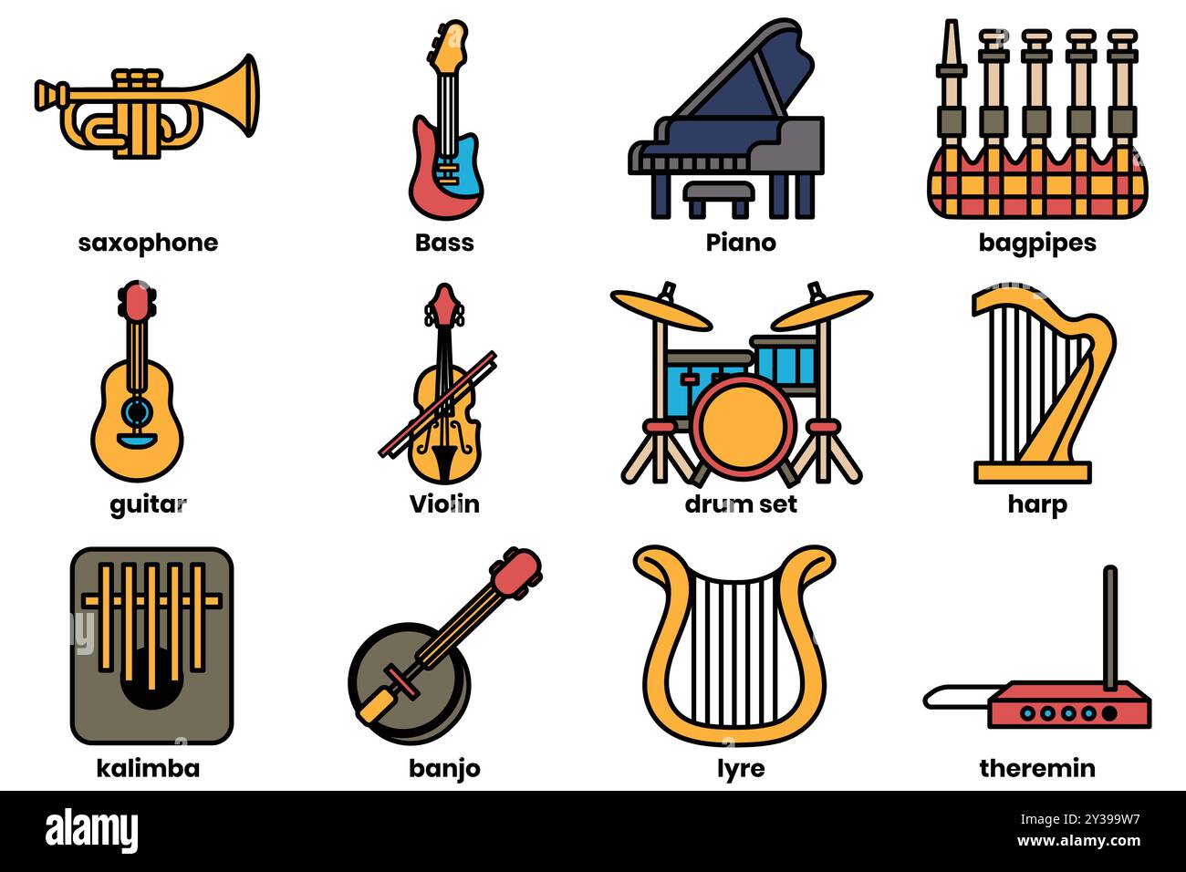 A Set of illustrations in the concept of musical instruments in line ...