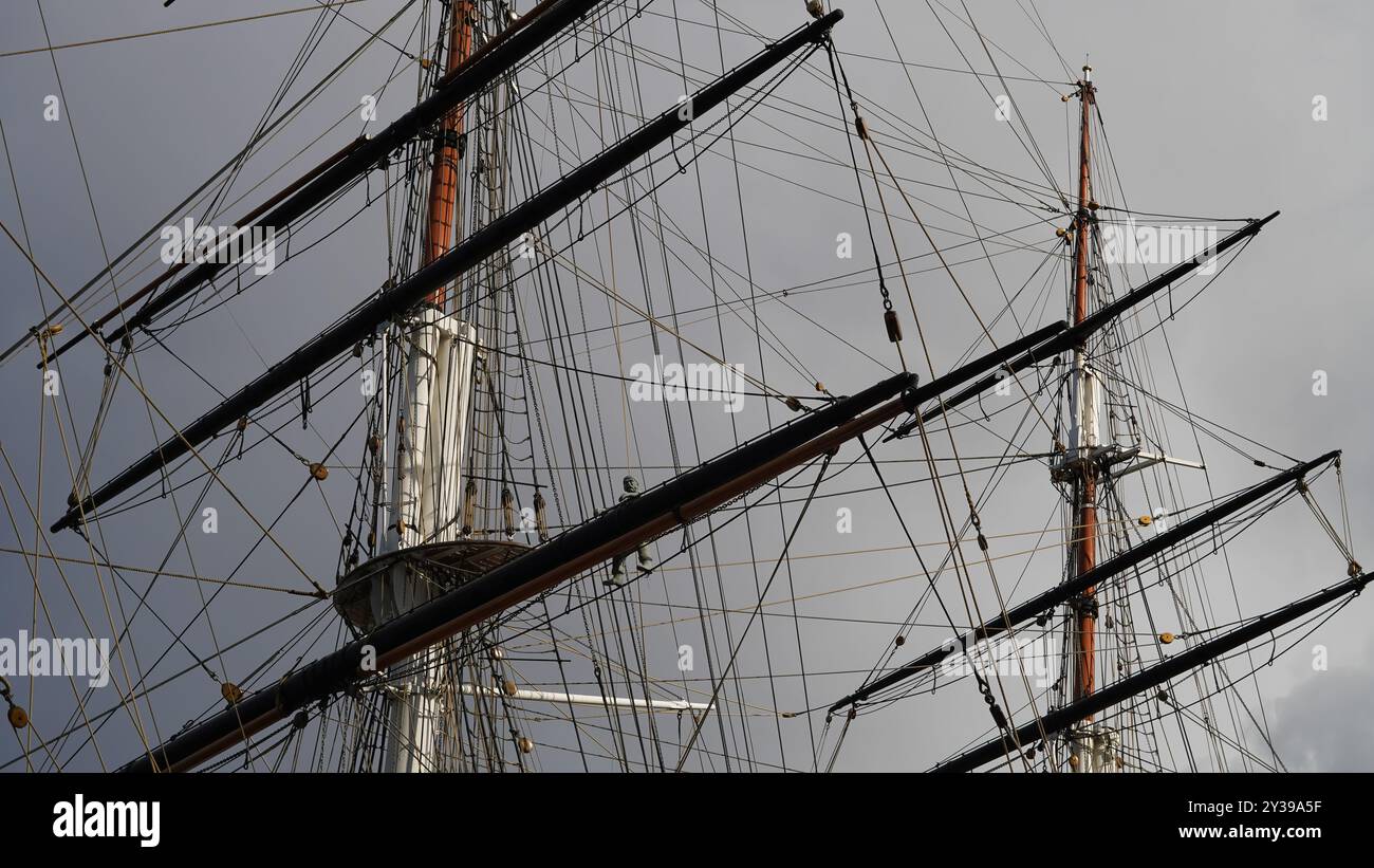 Halyards, shkots, and braces on sailing vessel, blue sky, shipbuilding ...