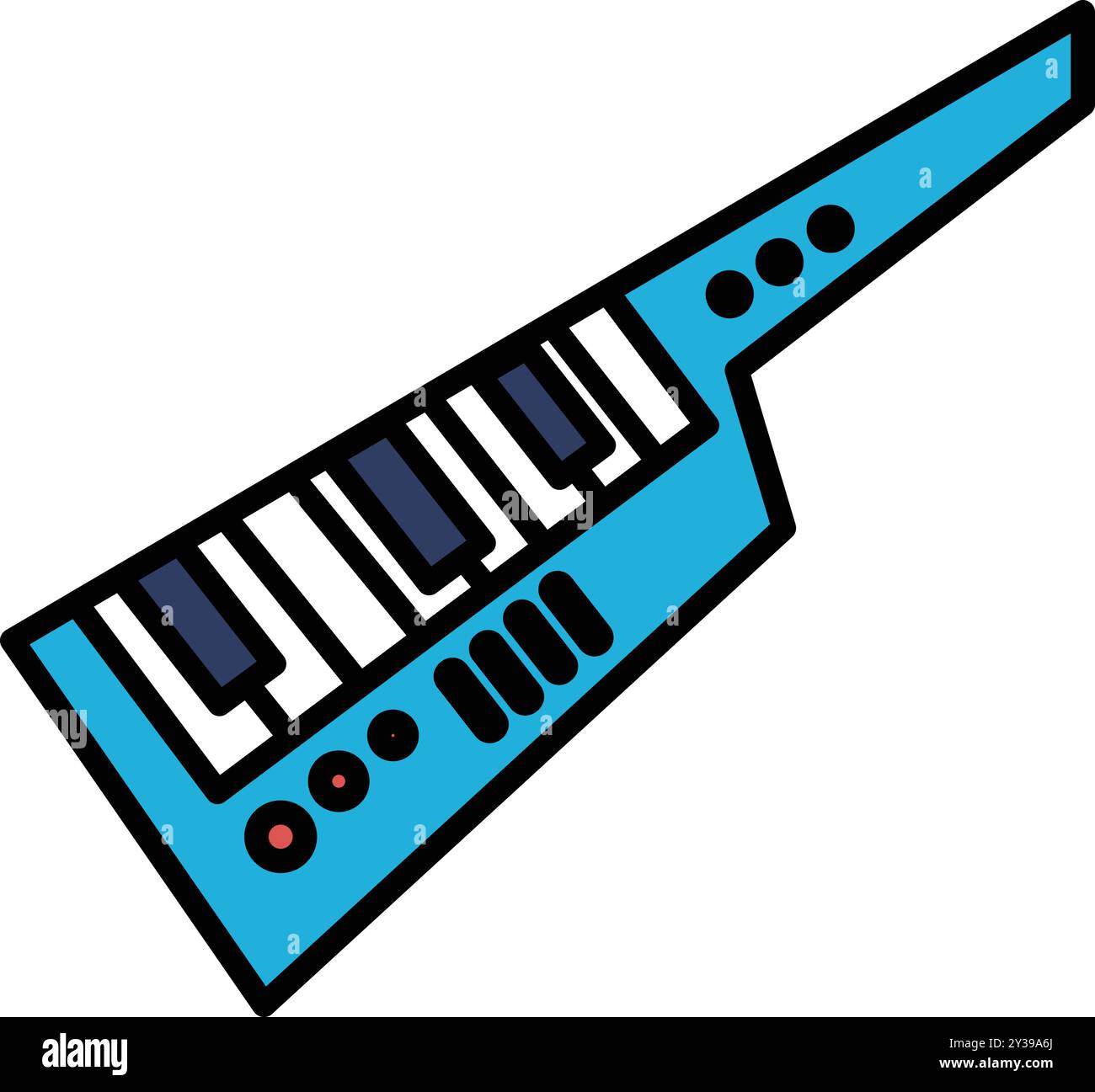 A blue keyboard with black keys. The keyboard is a musical instrument ...