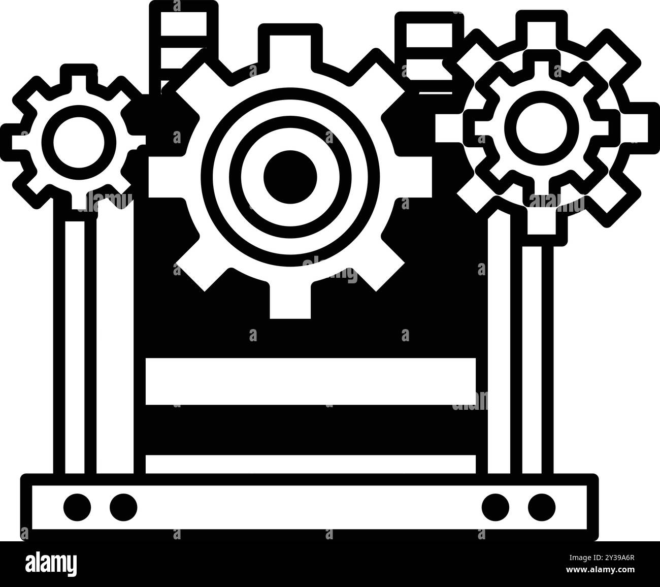 A black and white image of a machine with three gears. The blue and ...