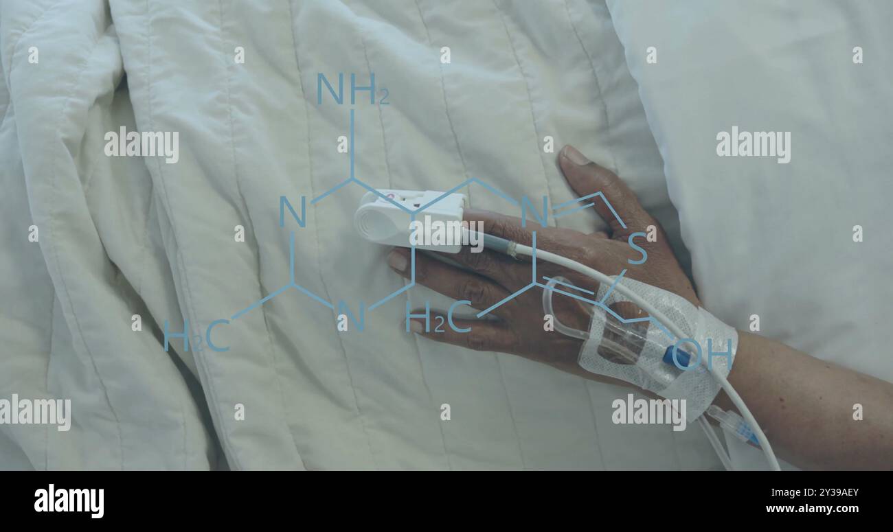 Image of element diagram over african american female patient hand with ...