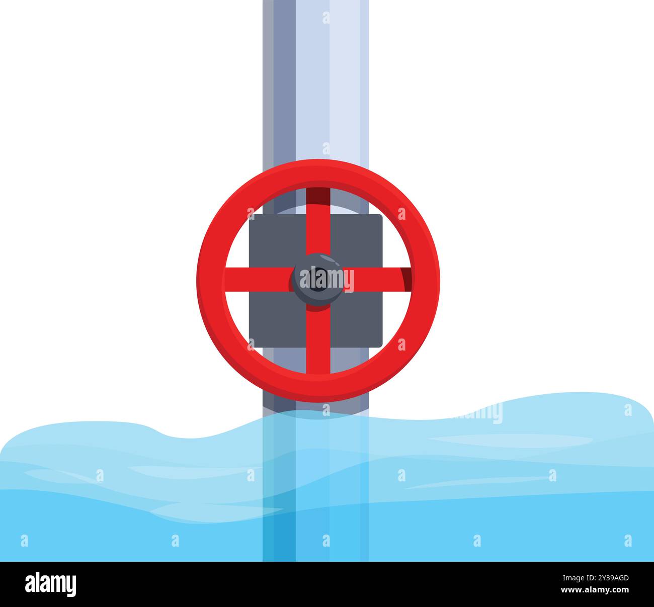 Water pipeline with red valve emerging from water surface, industrial ...