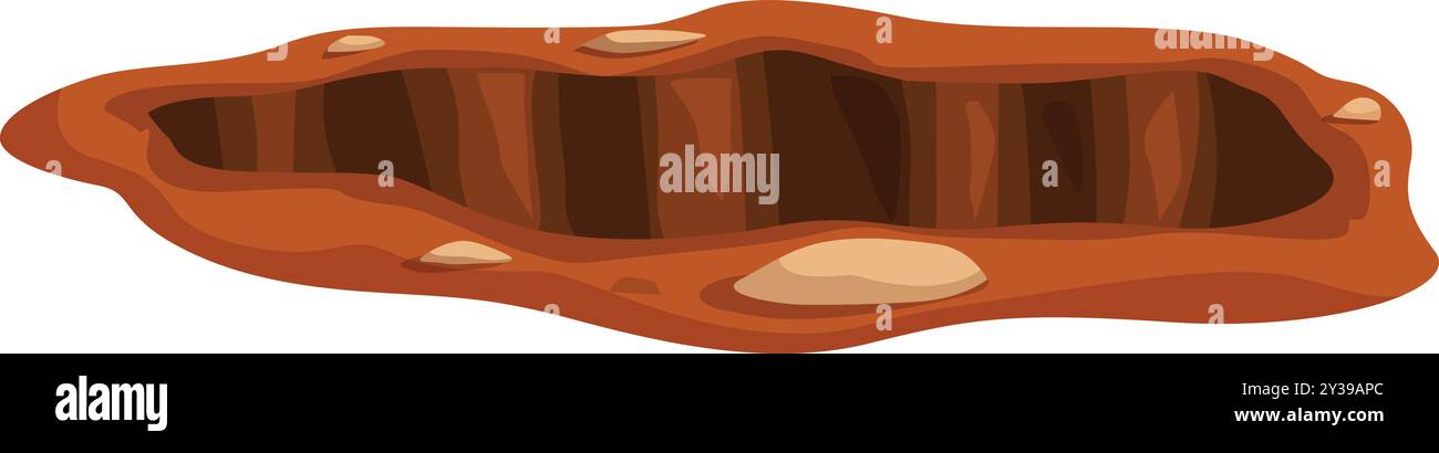 Cartoon style illustration of a big hole in the ground making a deep ...