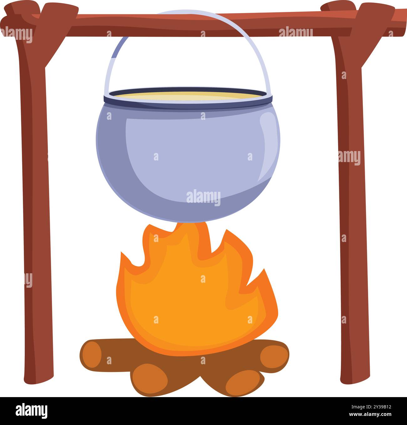 Cartoon illustration of a metal cooking pot hanging over a campfire on ...